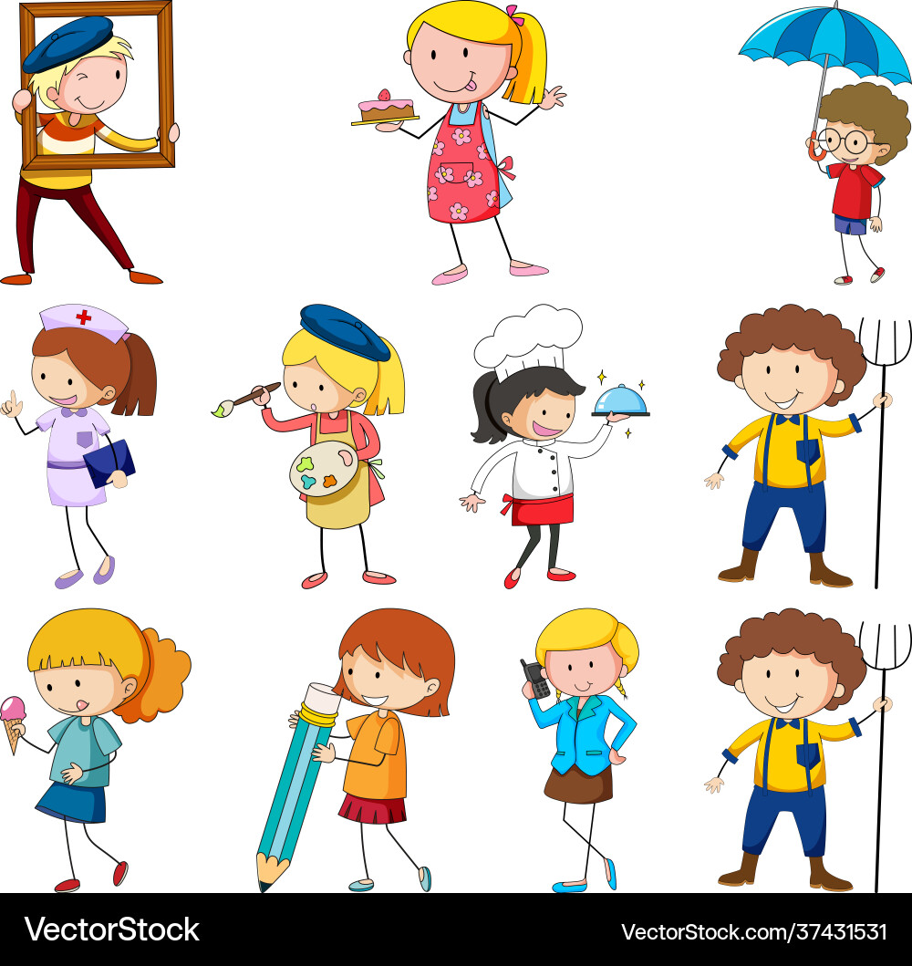 Set different doodle kids cartoon character Vector Image
