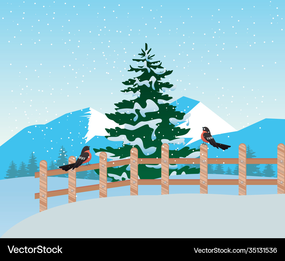 Beautiful winter landscape scene with pine tree Vector Image