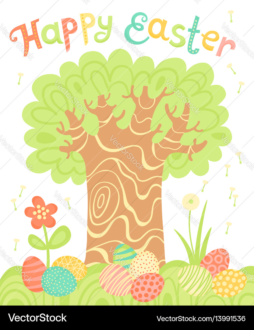 Happy easter holiday card with a tree and painted Vector Image