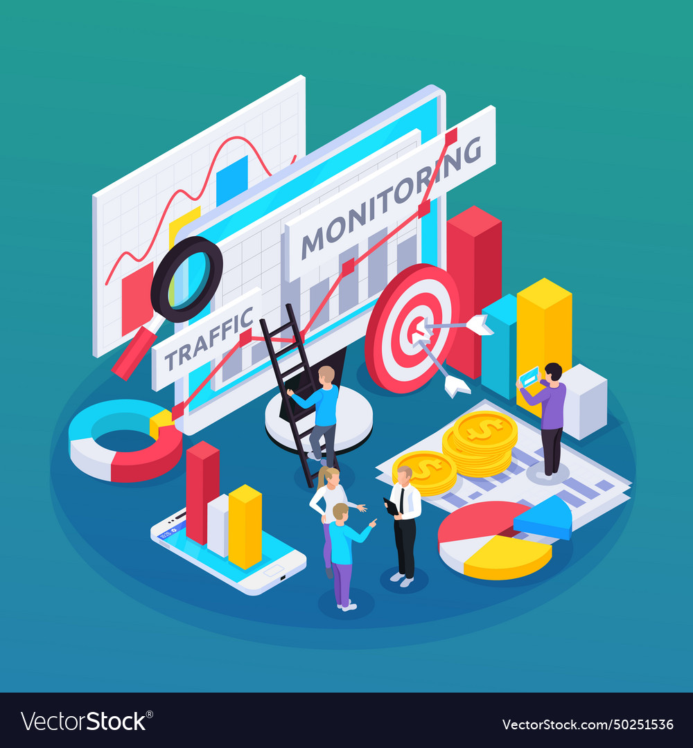 Seo monitoring isometric composition Royalty Free Vector