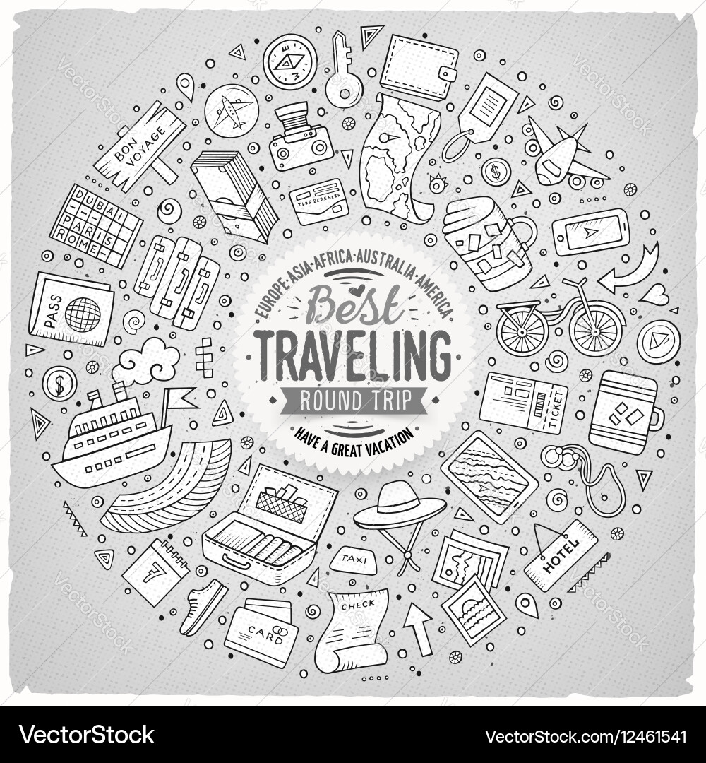 Round frame travel cartoon objects symbols and Vector Image