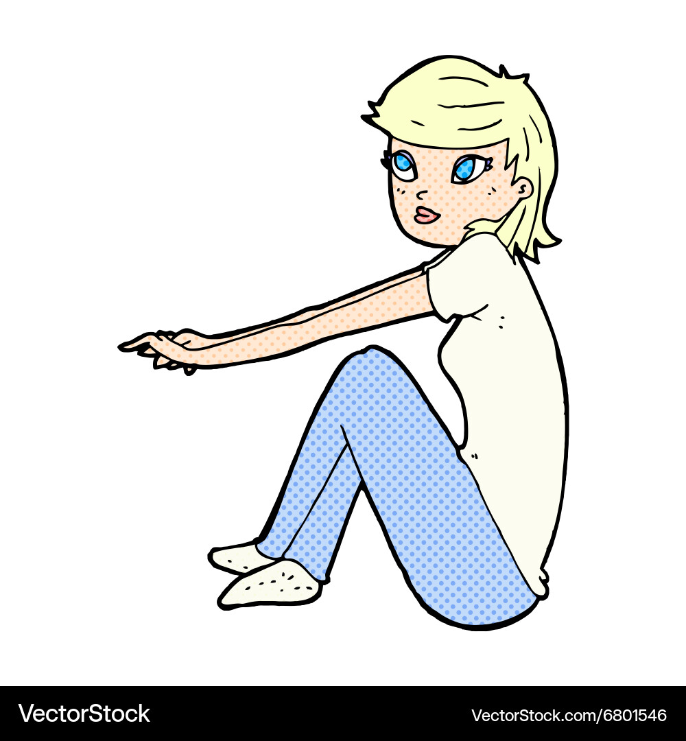 Comic cartoon pretty girl sitting Royalty Free Vector Image