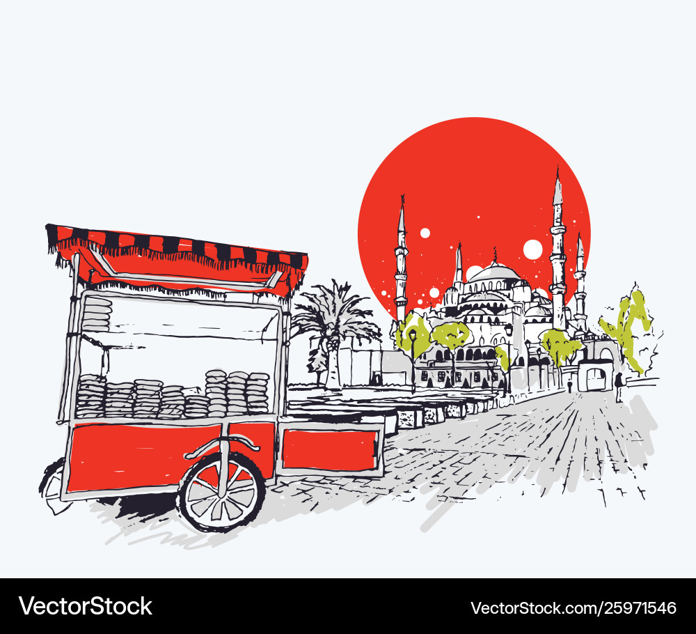 Digital blue mosque and simit vendor cart Vector Image