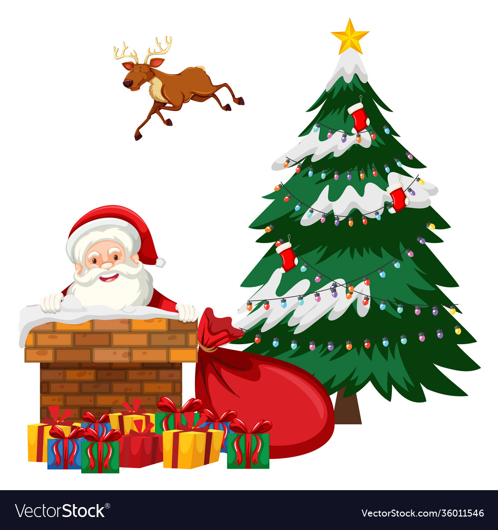 Santa in chimney with many gifts on white Vector Image