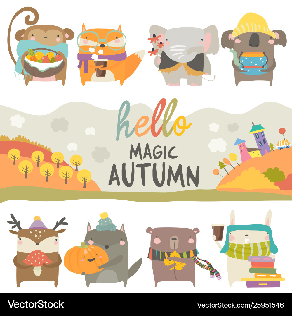 Set cute animals with autumn theme on white Vector Image