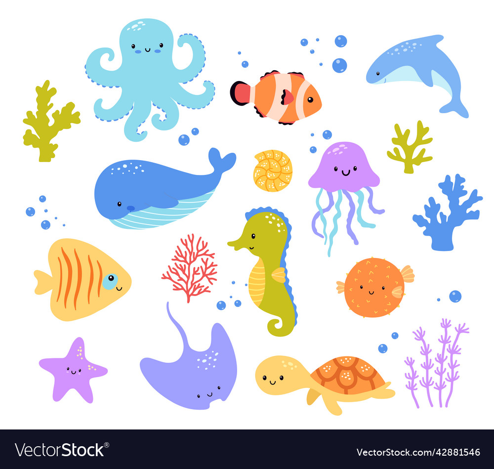 Set Of Cute Cartoon Sea Animals Isolated On White Vector Image