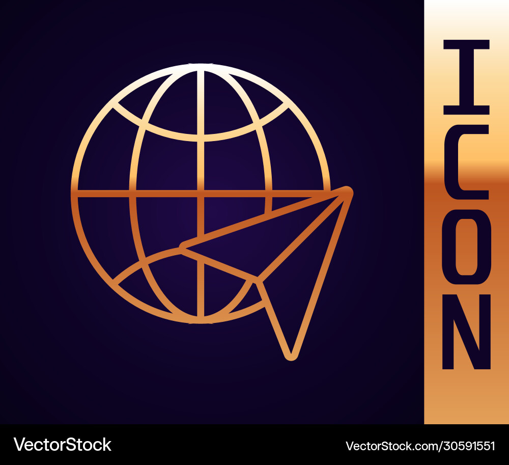 Gold line globe with flying plane icon isolated Vector Image