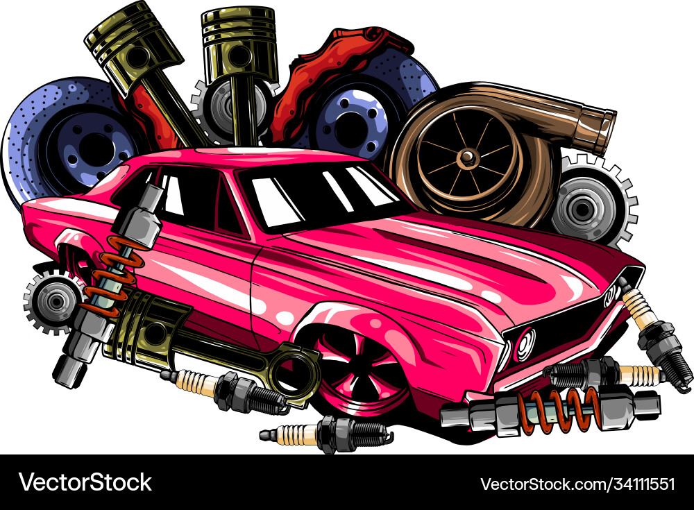 Vintage car components collection wit automobile Vector Image