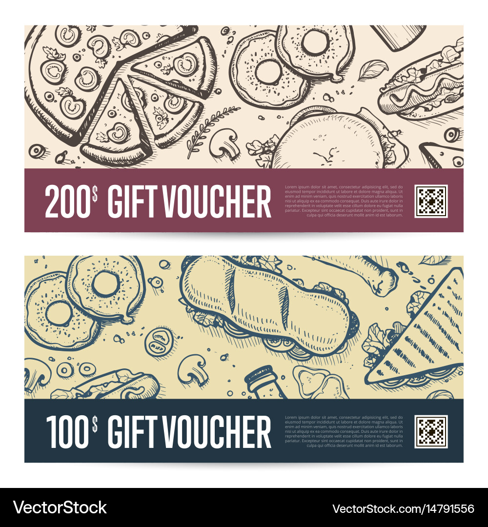 Fast food restaurant gift voucher set Royalty Free Vector