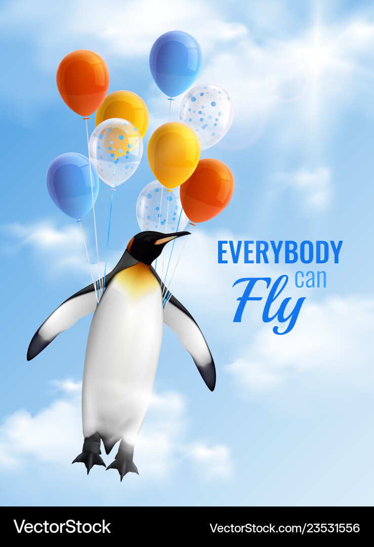 Penguin flying by air balloons Royalty Free Vector Image