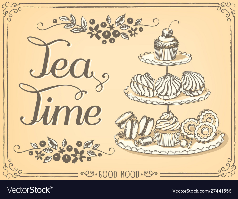 Retro time for tea with sweet pastries and Vector Image