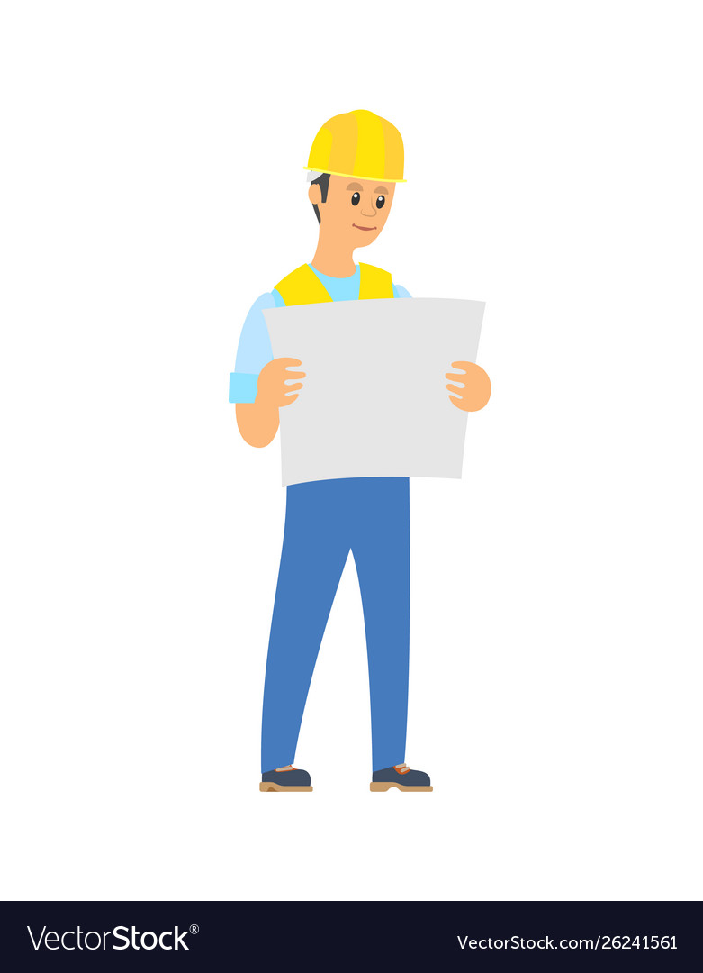 Builder standing with engineering project Vector Image