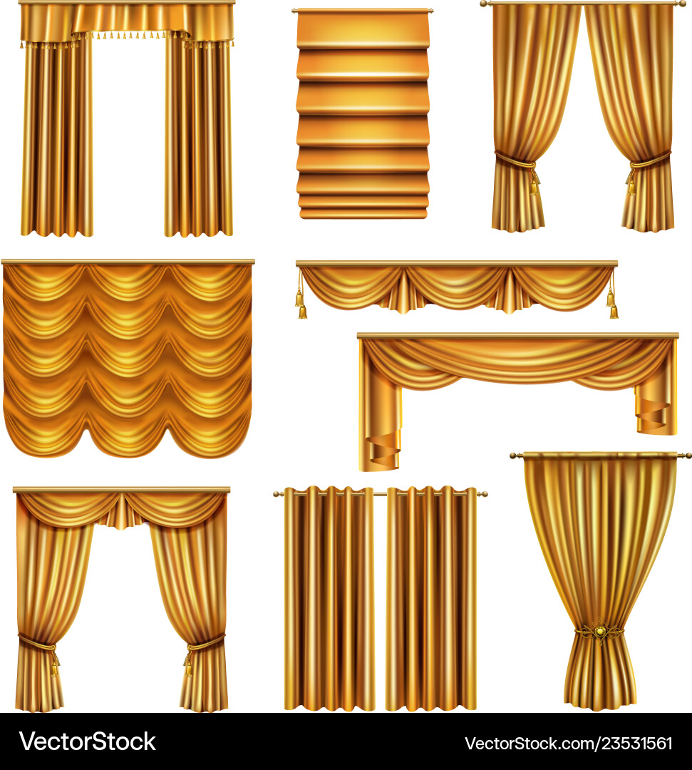 Realistic luxury gold curtains set Royalty Free Vector Image