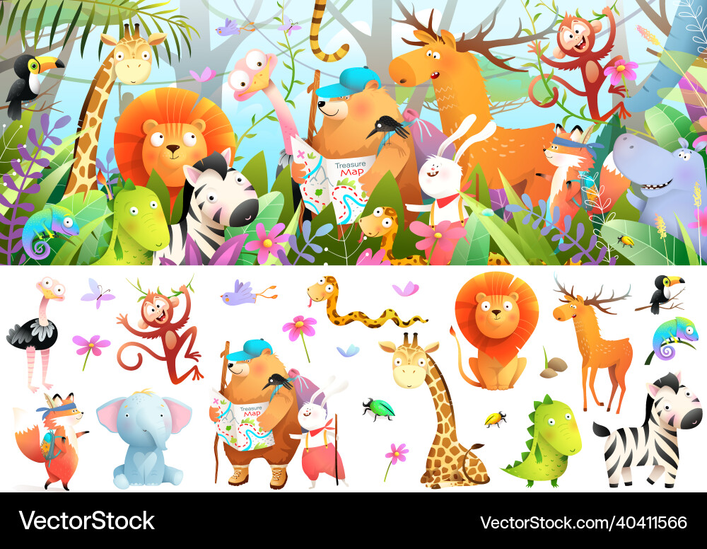 Animals adventures in jungle for little explorers Vector Image