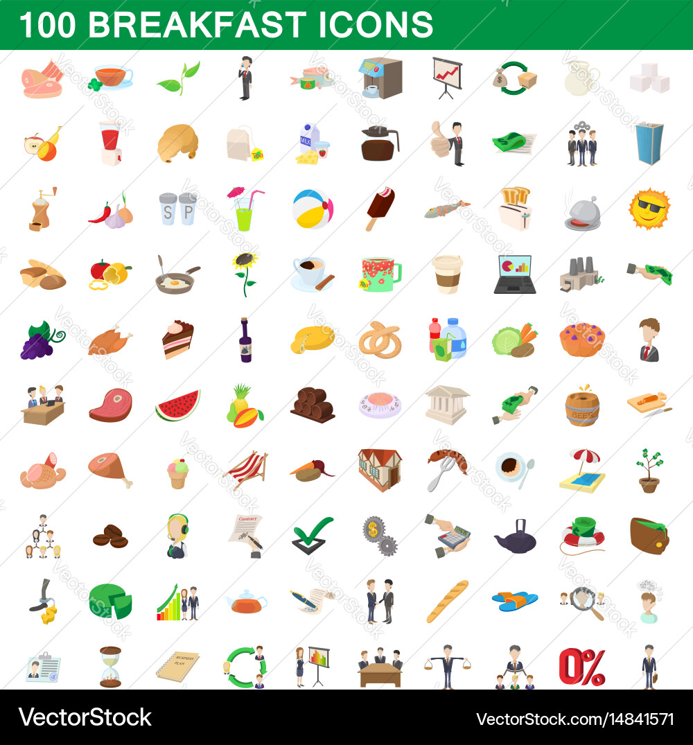 100 breakfast icons set cartoon style Royalty Free Vector