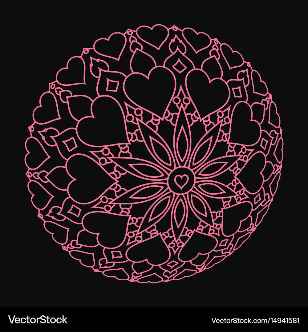 Distorted pink mandala with hearts on black Vector Image
