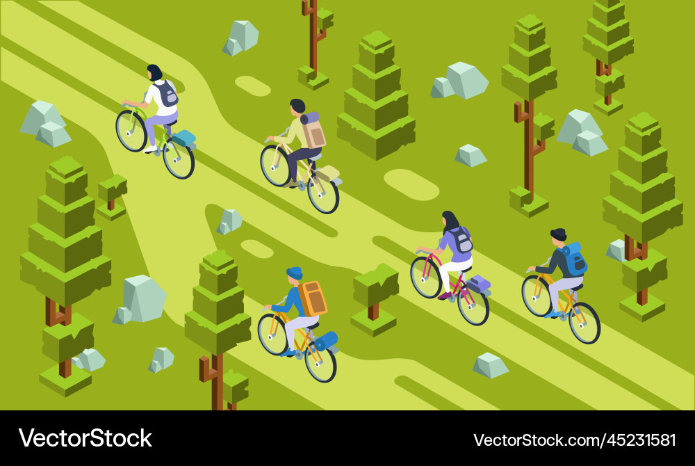 Isometric tourists group bicycling forest Vector Image