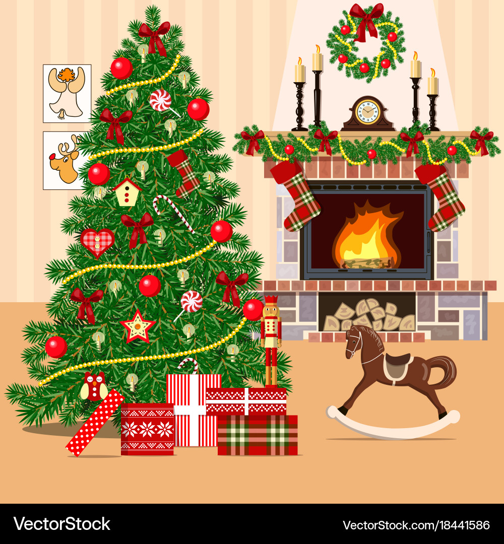 Christmas decorated room with christmas tree Vector Image