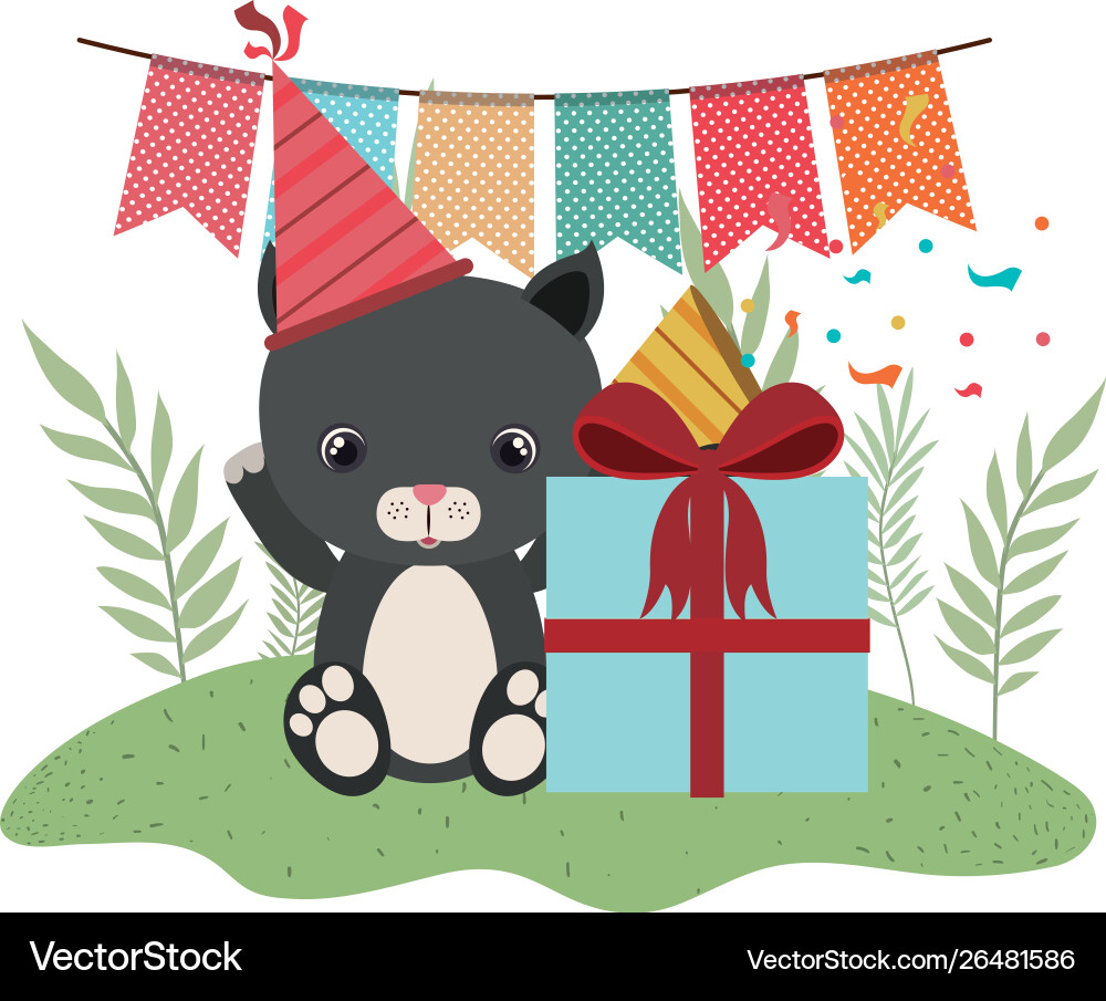 Cute cat with gift box in landscape Royalty Free Vector