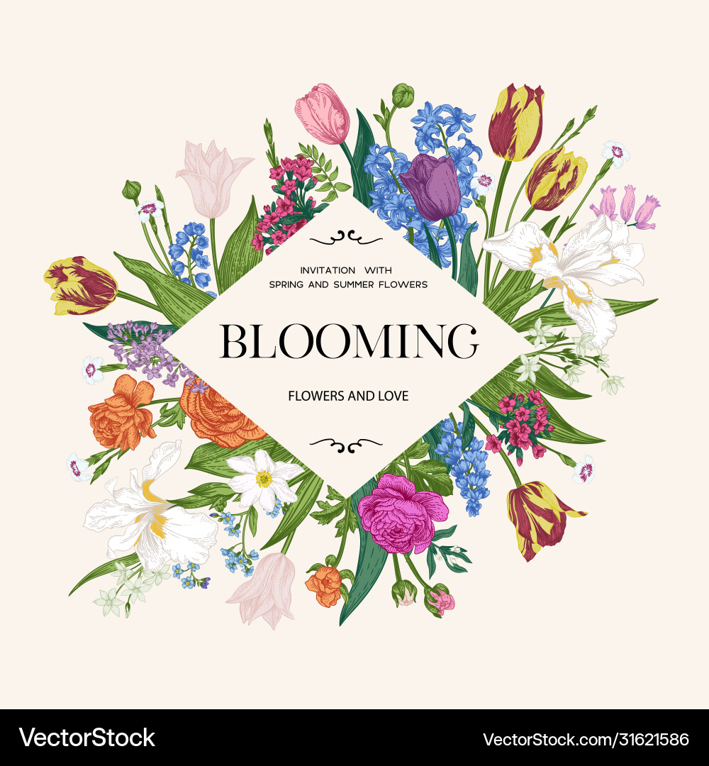 Rhombus frame with garden flowers Royalty Free Vector Image