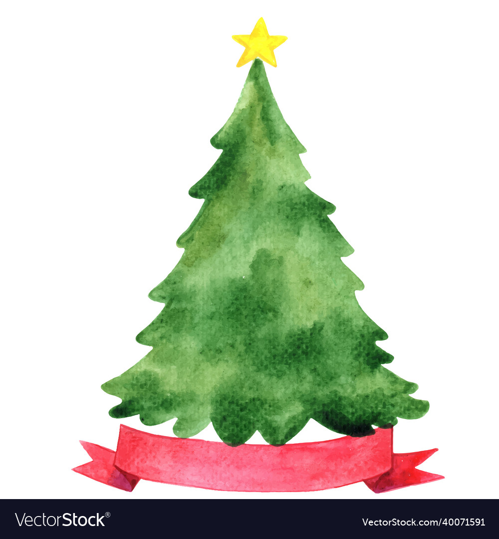 Christmas tree with red ribbon banner watercolor Vector Image
