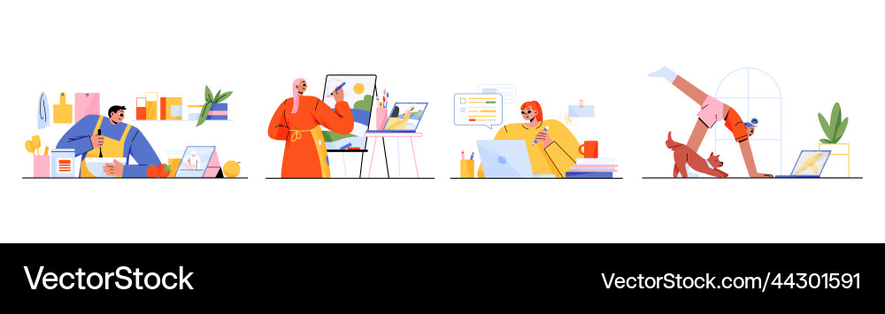 People studying online flat set isolated on white Vector Image