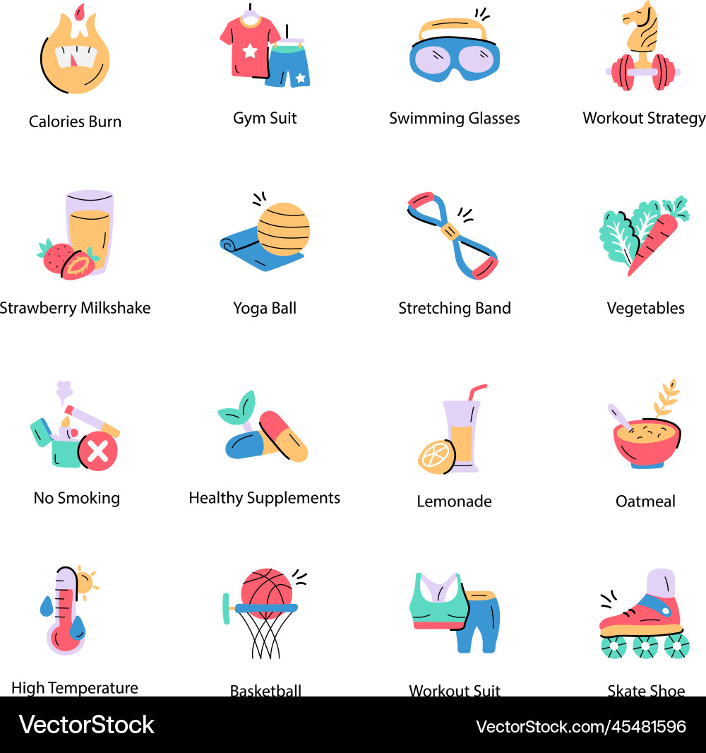 Collection of workout tools hand drawn icons Vector Image