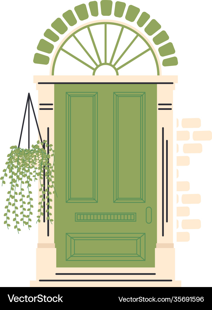 Green front door with plant hanging design Vector Image