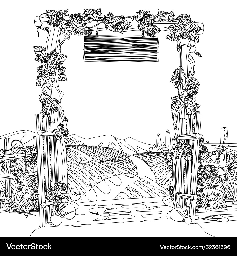 Old wooden farm gate with grapes Royalty Free Vector Image