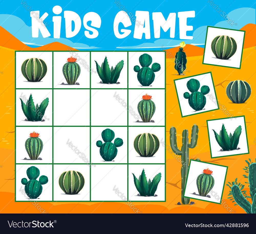 Sudoku kids game worksheet with mexican cactuses Vector Image