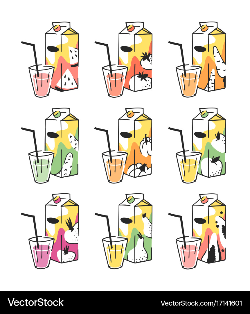 Hand drawn summer set juice pack and glass Vector Image