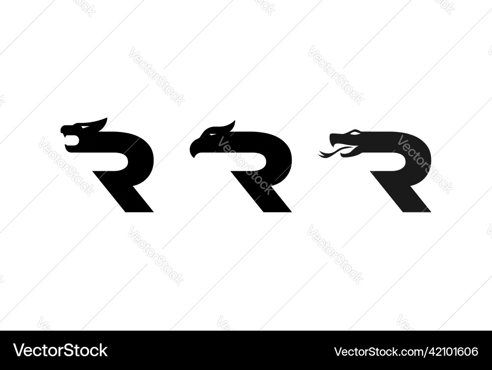 Initial letter r with dragon tiger lion raven Vector Image