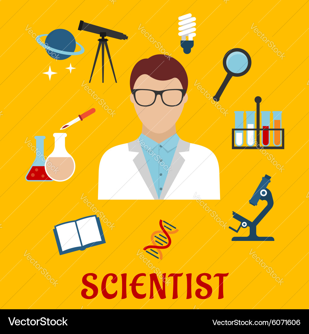 Scientist and laboratory equipment flat icons Vector Image
