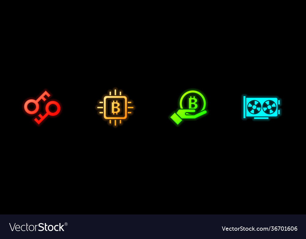 Set cryptocurrency key cpu mining farm hand Vector Image
