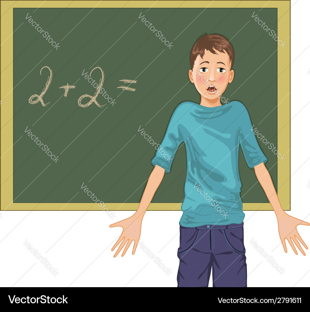 Cartoon image a perplexed boy at blackboard in Vector Image
