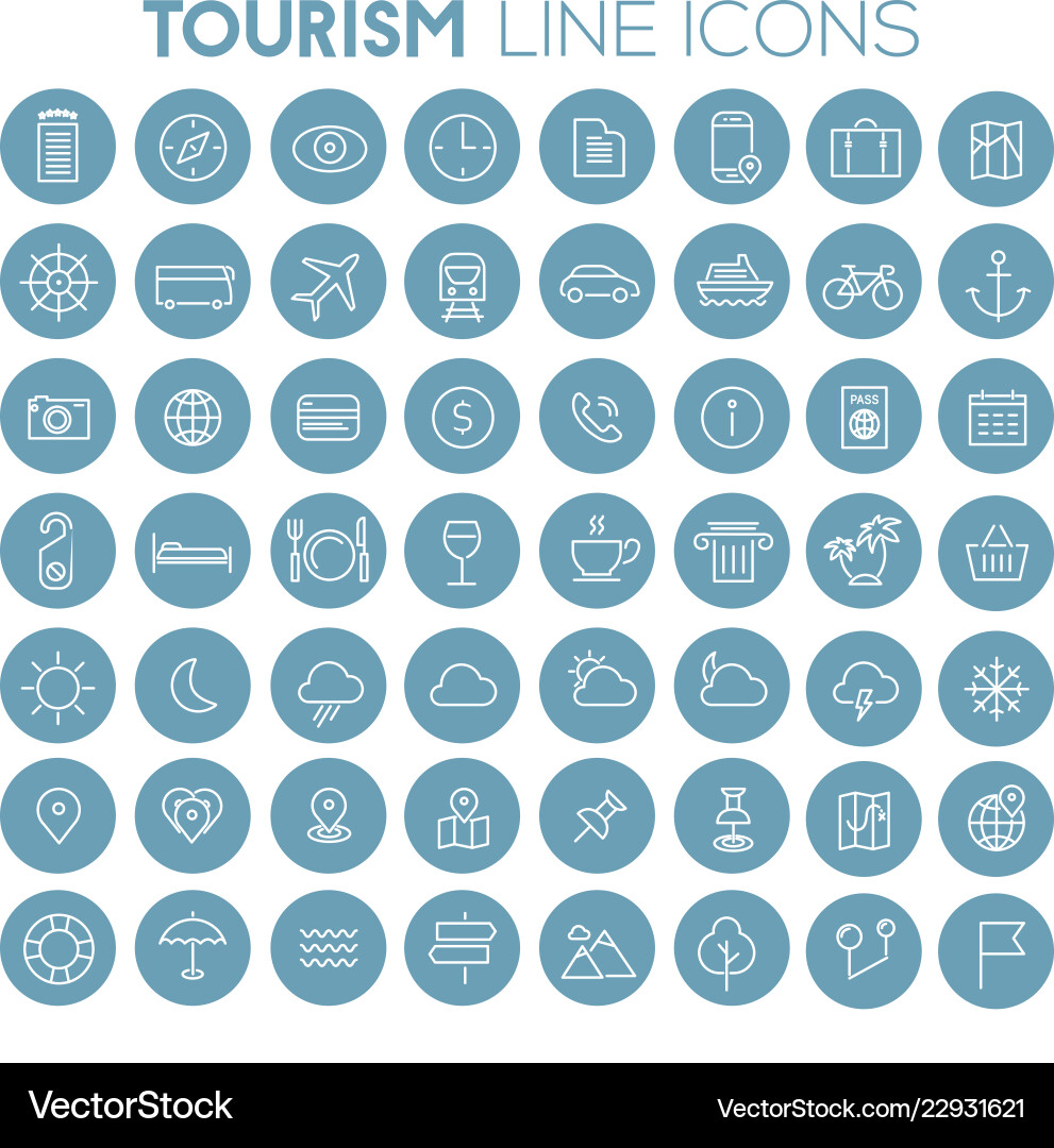 Big travel tourism linear trendy icon set Vector Image