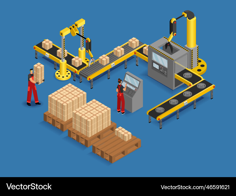Isometric product factory 3d conveyor line Vector Image