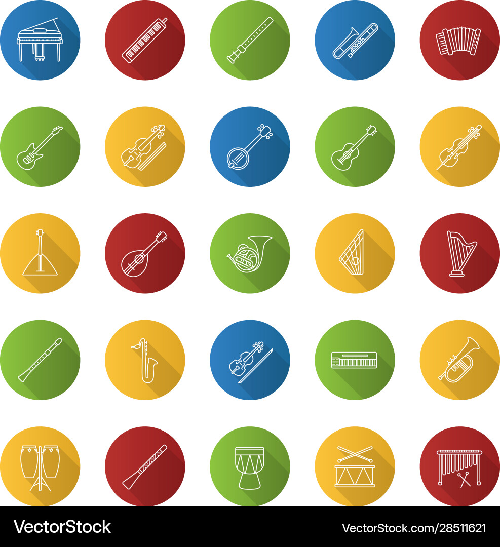 Musical instruments flat linear long shadow icons Vector Image