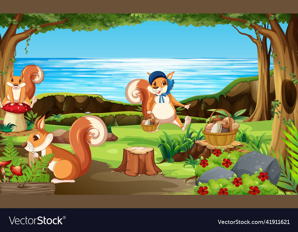 Scene with squirrels in the forest Royalty Free Vector Image