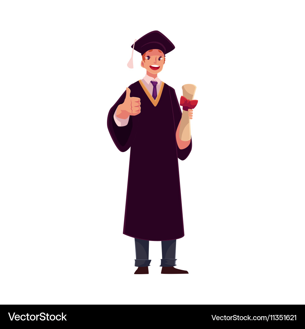 Student in graduation gown and cap with diploma Vector Image