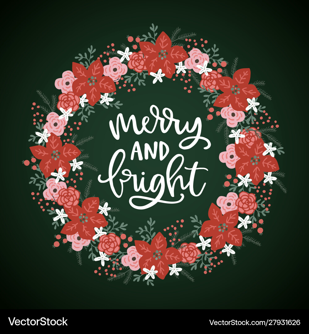 Merry and bright christmas hand lettered greeting Vector Image