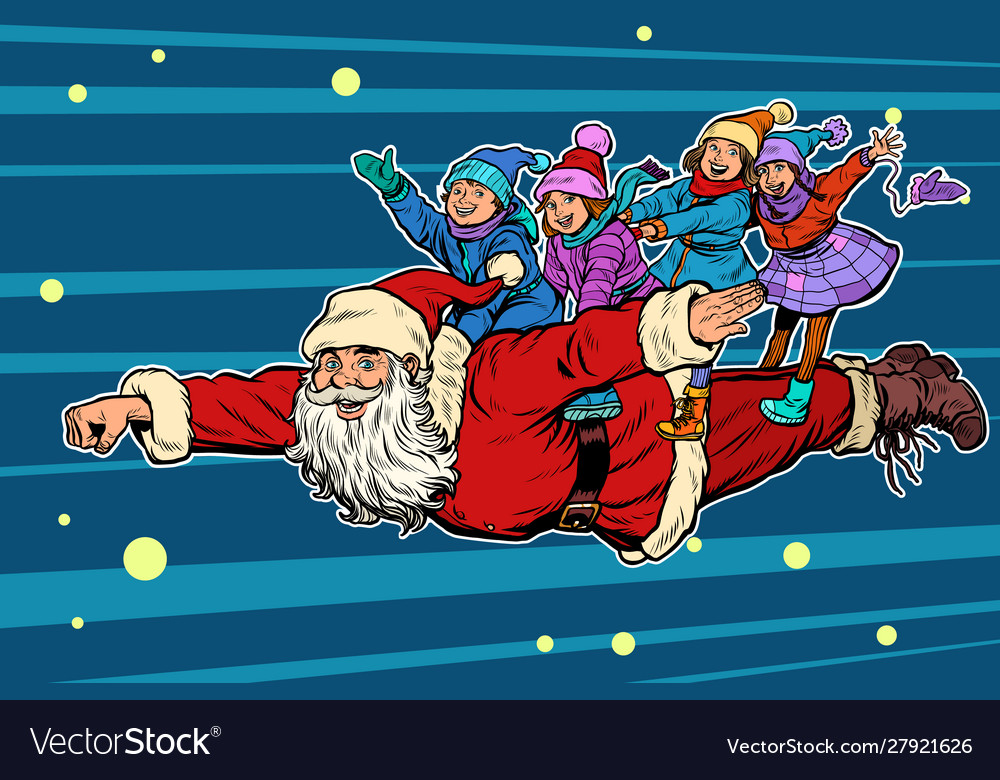 Superhero santa claus with children christmas Vector Image