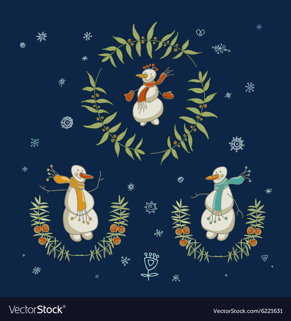 Christmas wreaths set with snowman and new year Vector Image