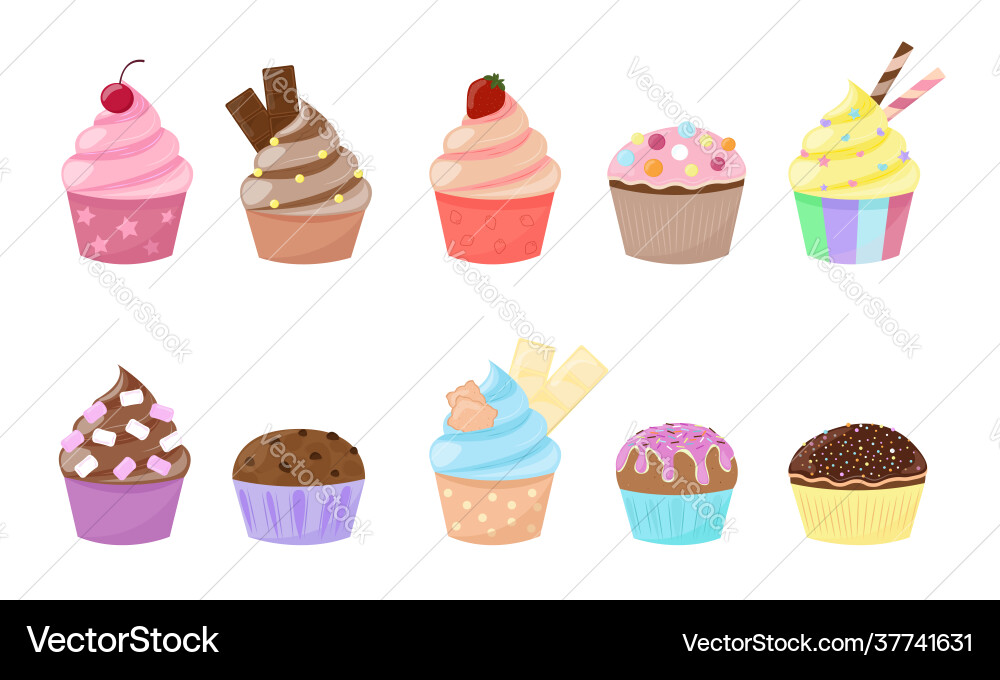 Cupcakes and muffins set isolated Royalty Free Vector Image