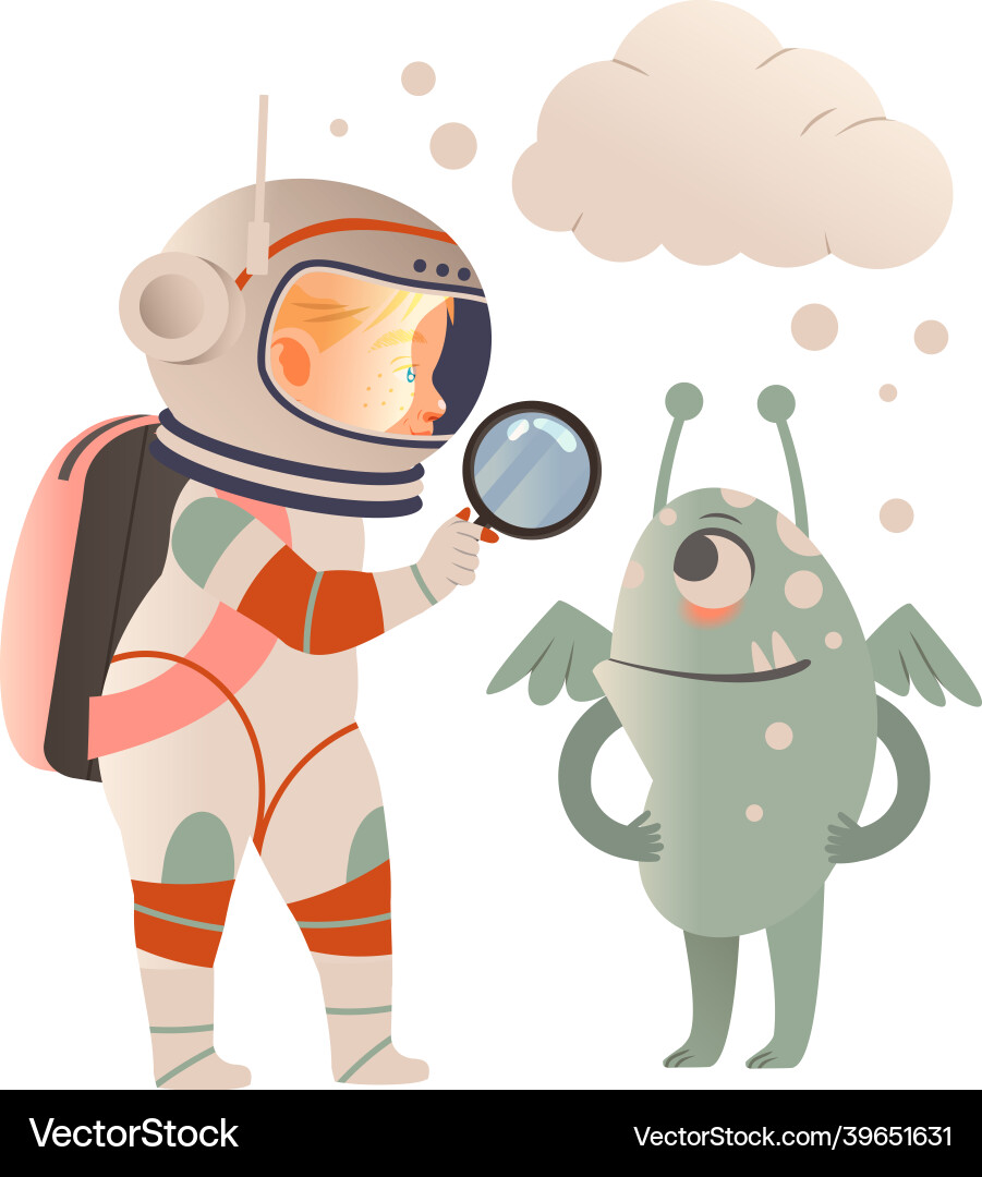 Cute boy astronaut in space suit examining alien Vector Image
