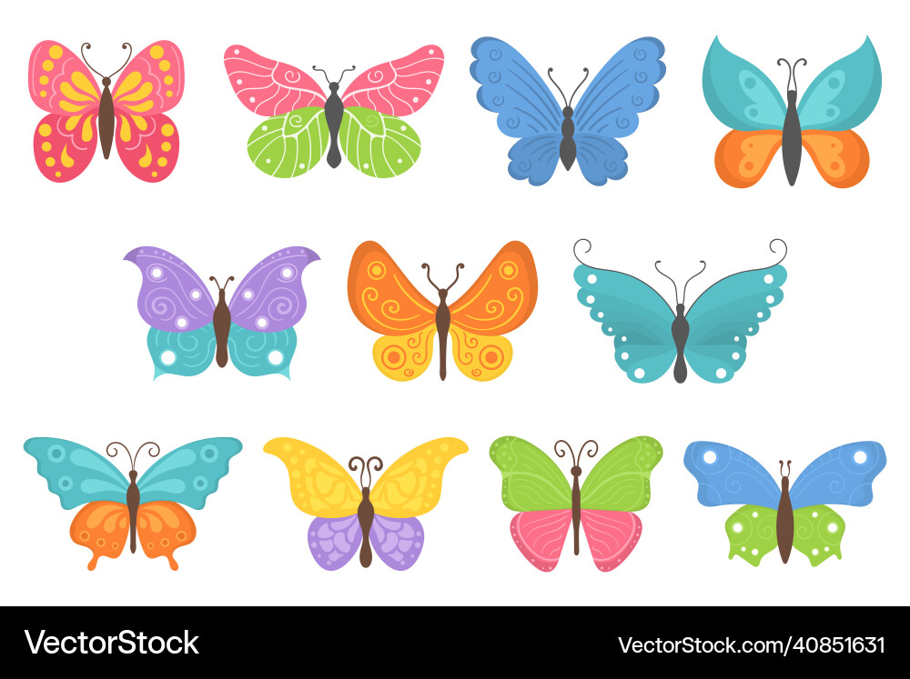 Set colorful flying insects summer butterfly flat Vector Image
