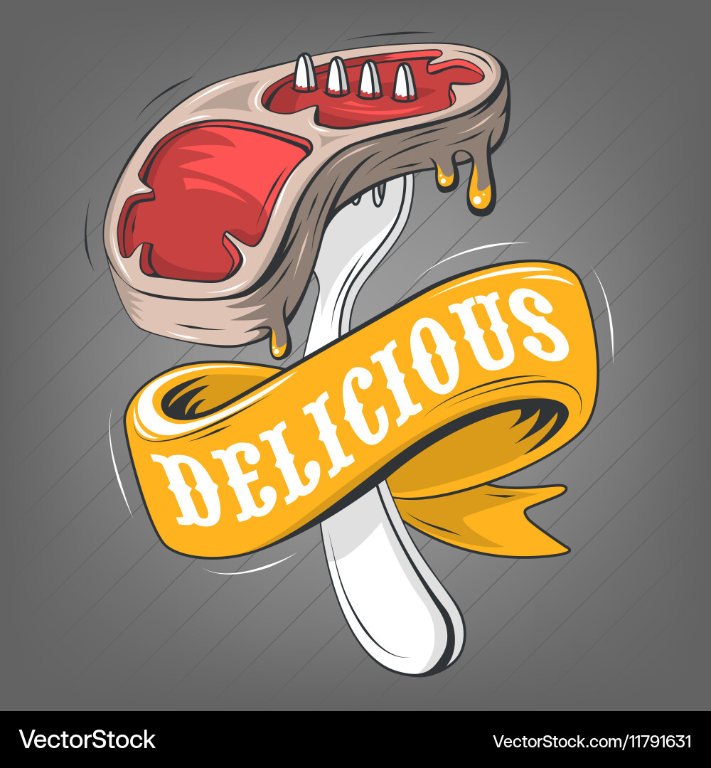 Steak on a fork with a banner ribbon for message Vector Image