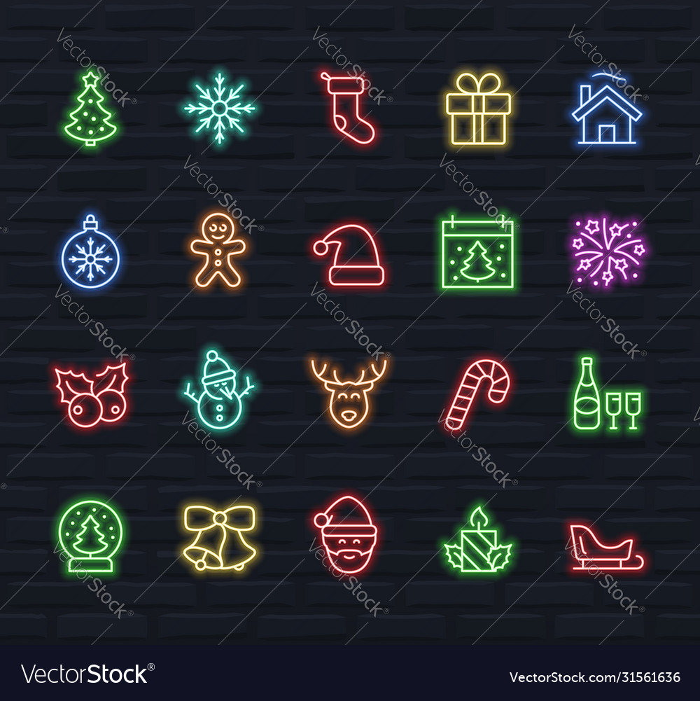 Christmas and new year icon set in neon style Vector Image Christmas and new year icon set in neon style Vector Image