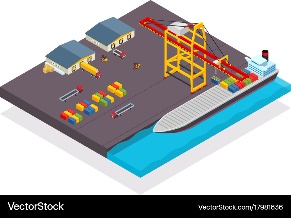 Isometric cargo container ship and crane Vector Image