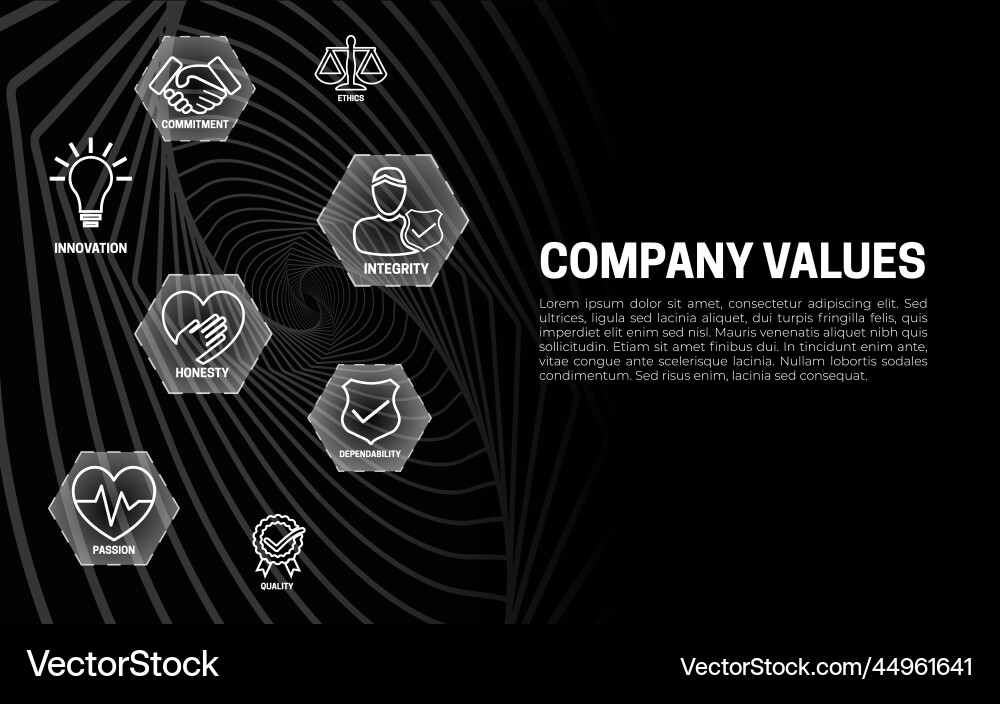 Company values banner black background with icons Vector Image